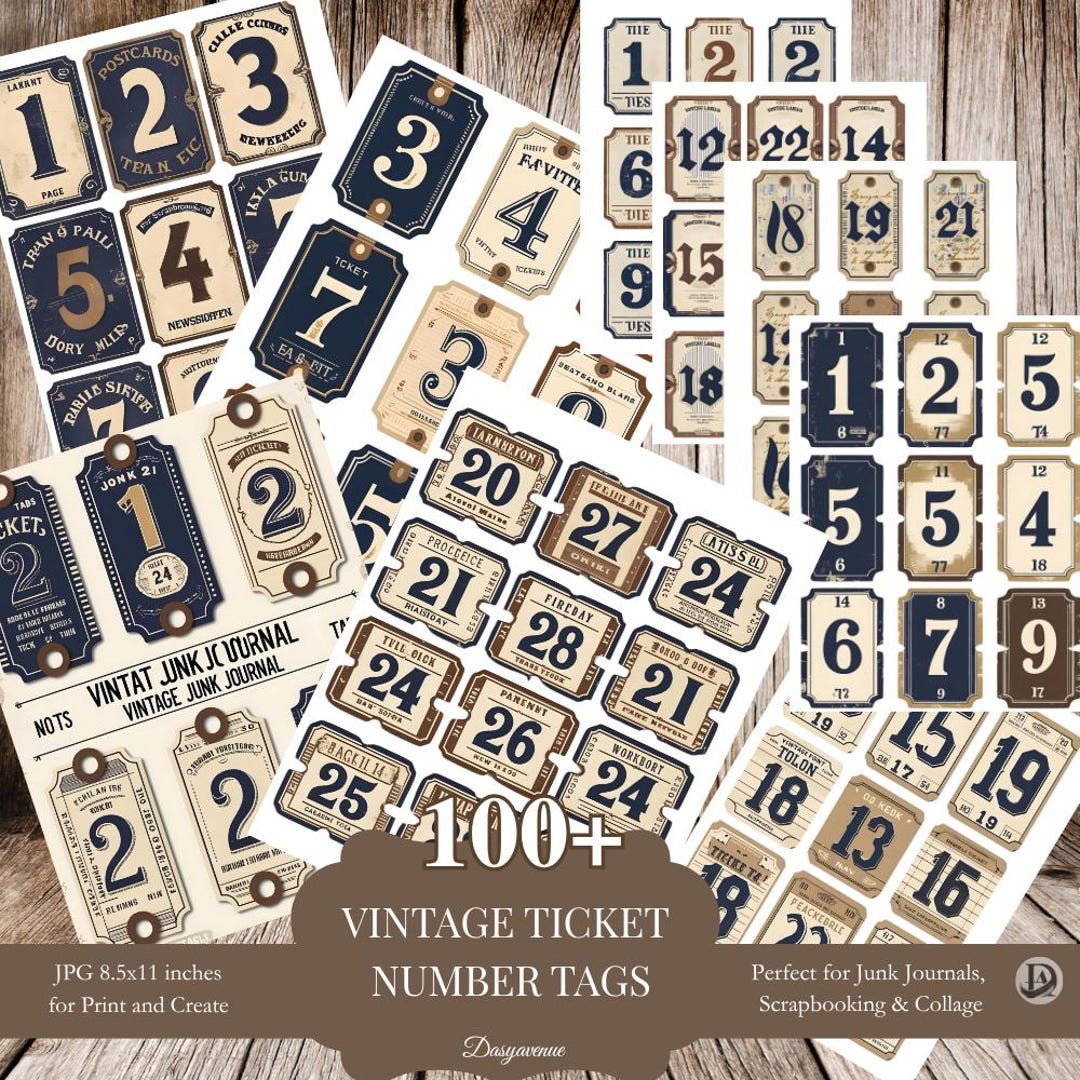 100+ Vintage Ticket Number Tags | Printable Junk Journal Ephemera ...