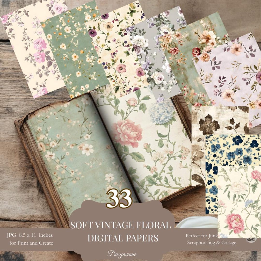 33 Soft Vintage Floral Digital Papers, Antique Flower Backgrounds, Junk ...