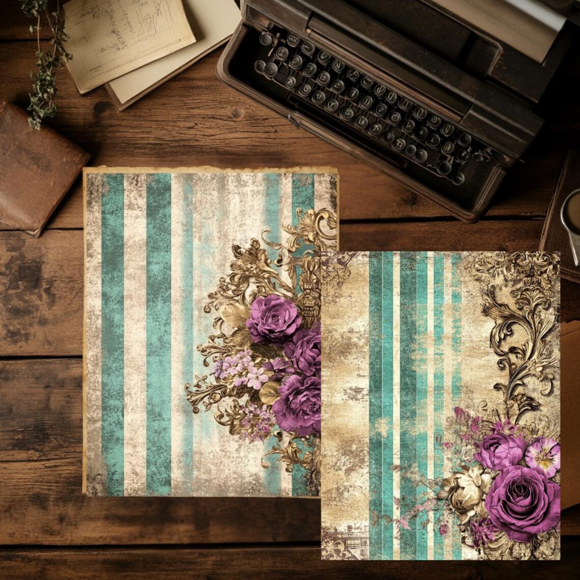 Teal & Gold Vintage Junk Journal Background Pages | Printable ...