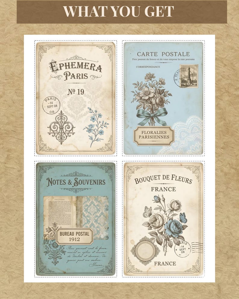 Vintage Paris Postcards Printable, Botanical Ephemera Cards, French ...