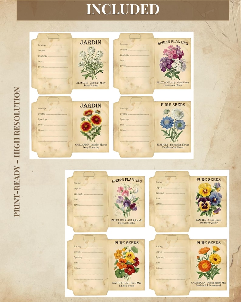 Vintage Spring Flower Seed Packets Printable, Botanical Seed Envelopes ...