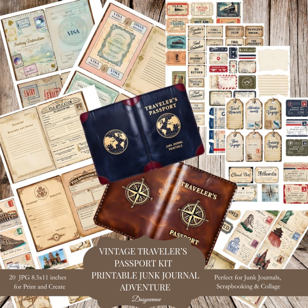 Printable Traveler’s Passport Junk Journal Kit, Vintage Travel Ephemera ...