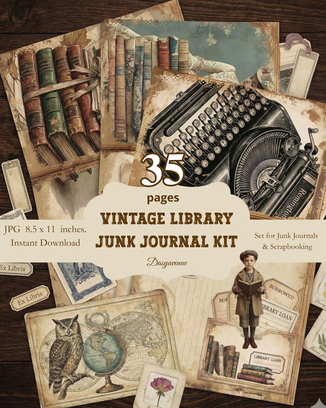 Vintage Library Junk Journal Kit, Dark Academia Digital Paper ...