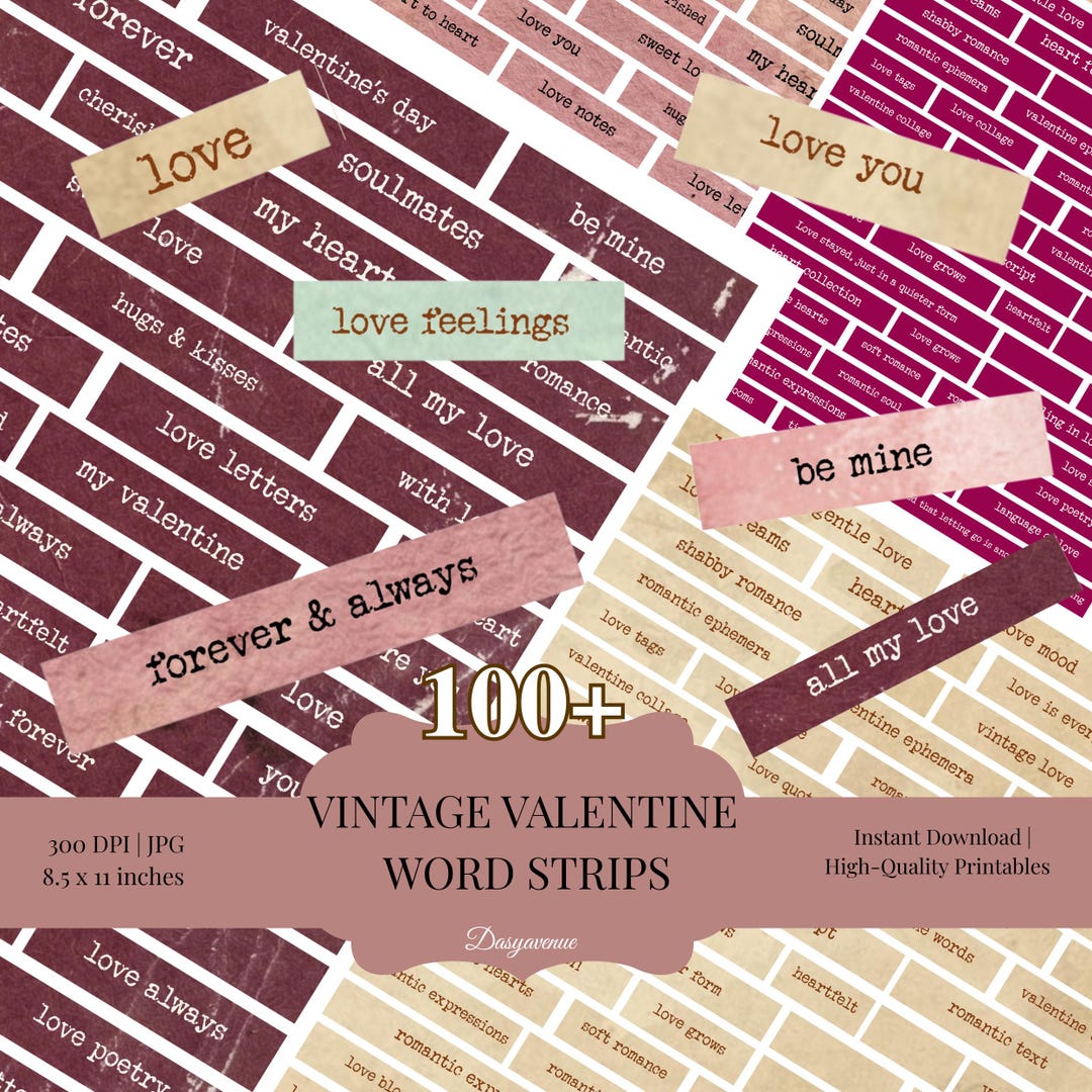 Vintage Valentine Word Strips Printable, Love Junk Journal Words ...