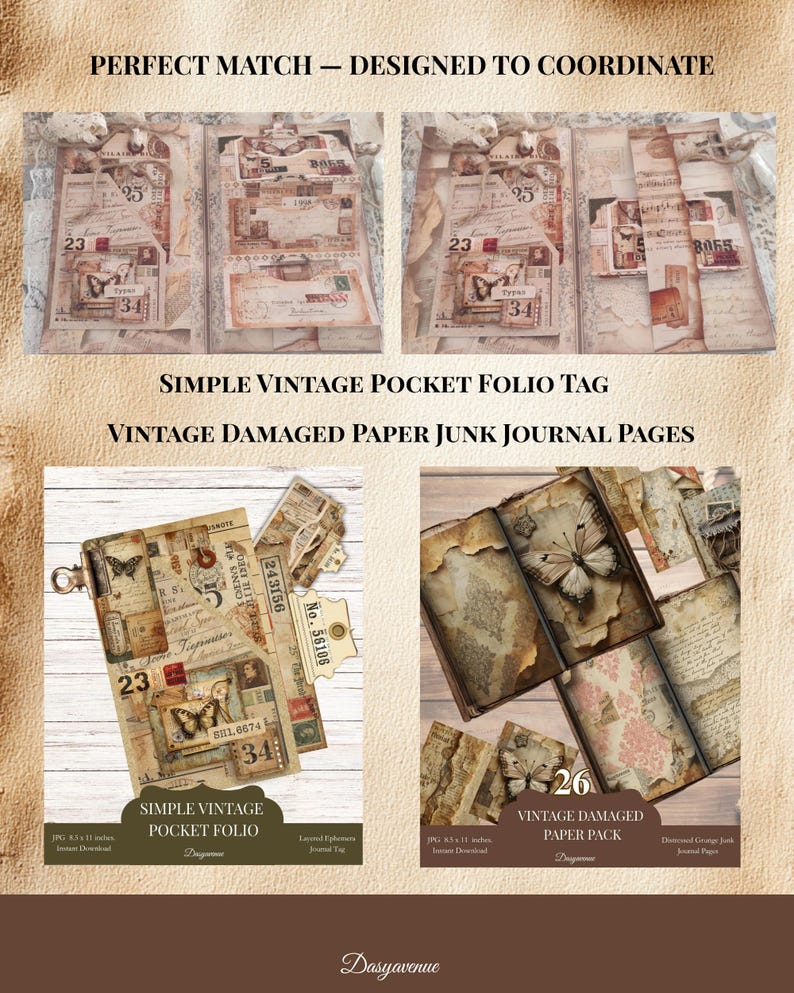 Vintage Simple Folio Printable Set | 5 Pages of Neutral Ephemera, Tags ...