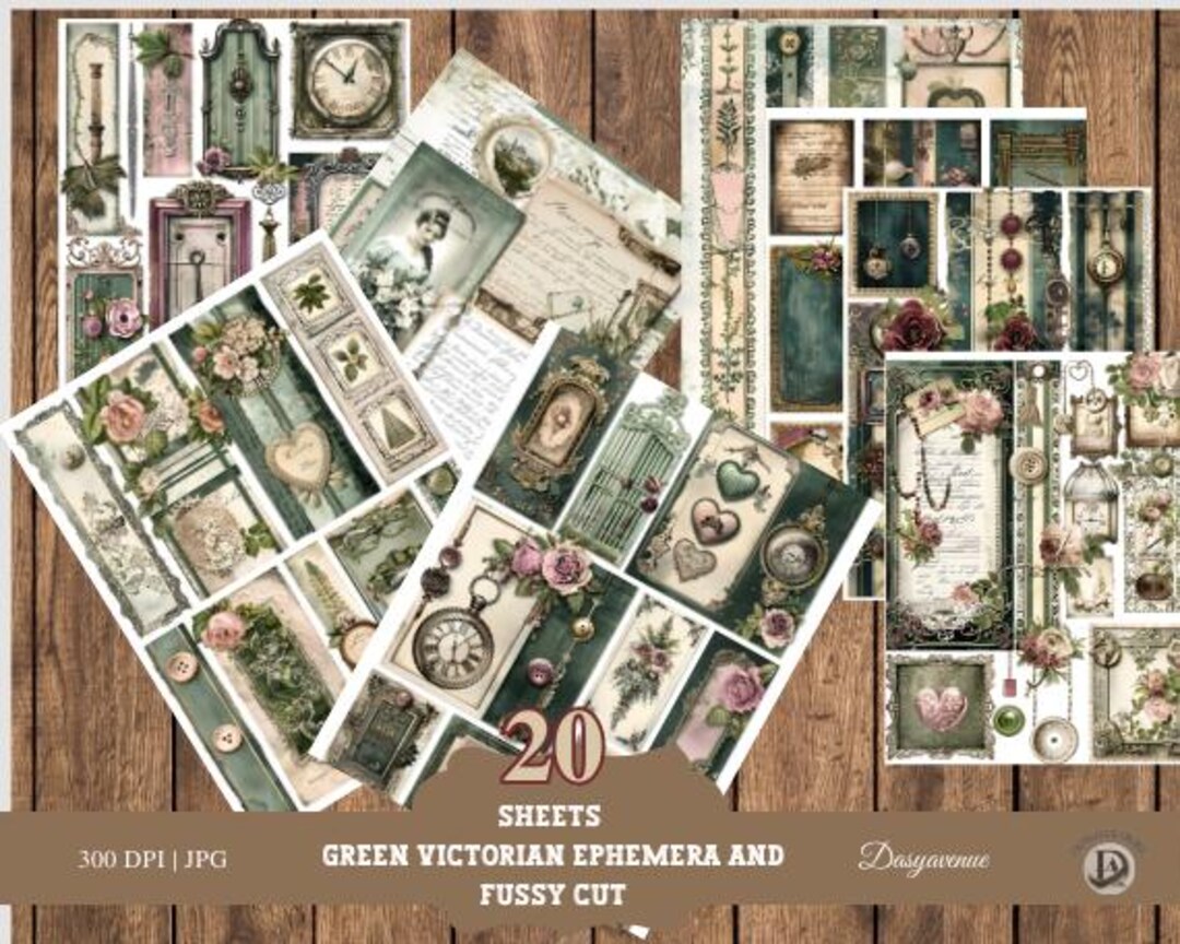 20 Sheets Green Victorian Ephemera & Fussy Cut Digital Papers | Elegant ...
