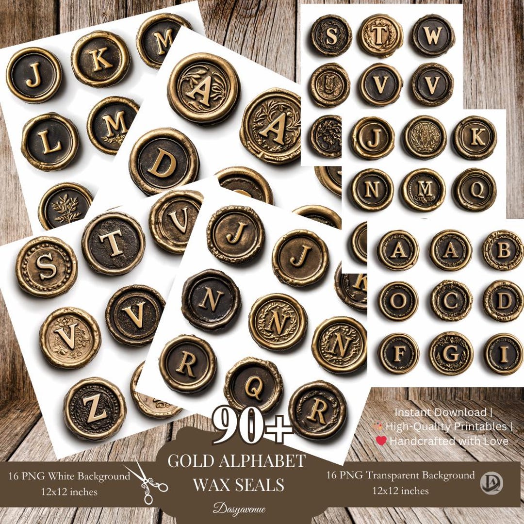 Vintage Wax Seal PNG Alphabet, Gold Letter Wax Stamps, Digital Seals ...
