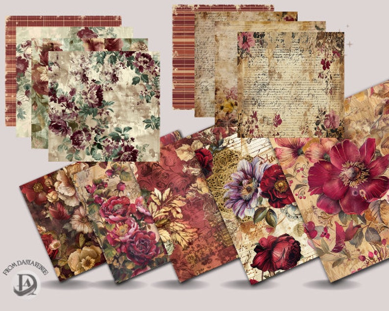 36 Burgundy Red Vintage Junk Journal Pages | Printable Scrapbooking ...