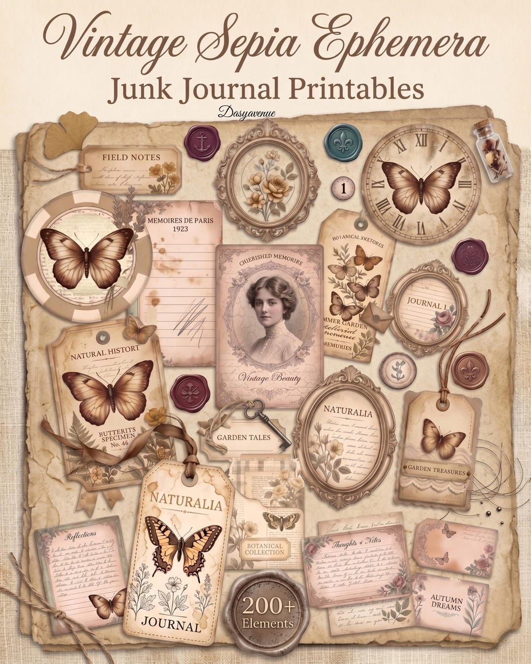 Vintage Sepia Ephemera Printable, Botanical Junk Journal Pages, Shabby ...