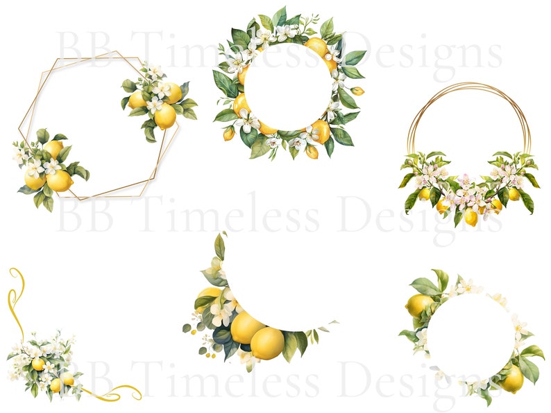 Watercolor Lemon Bouquet and Frame Clipart, Watercolor Lemon Clipart ...