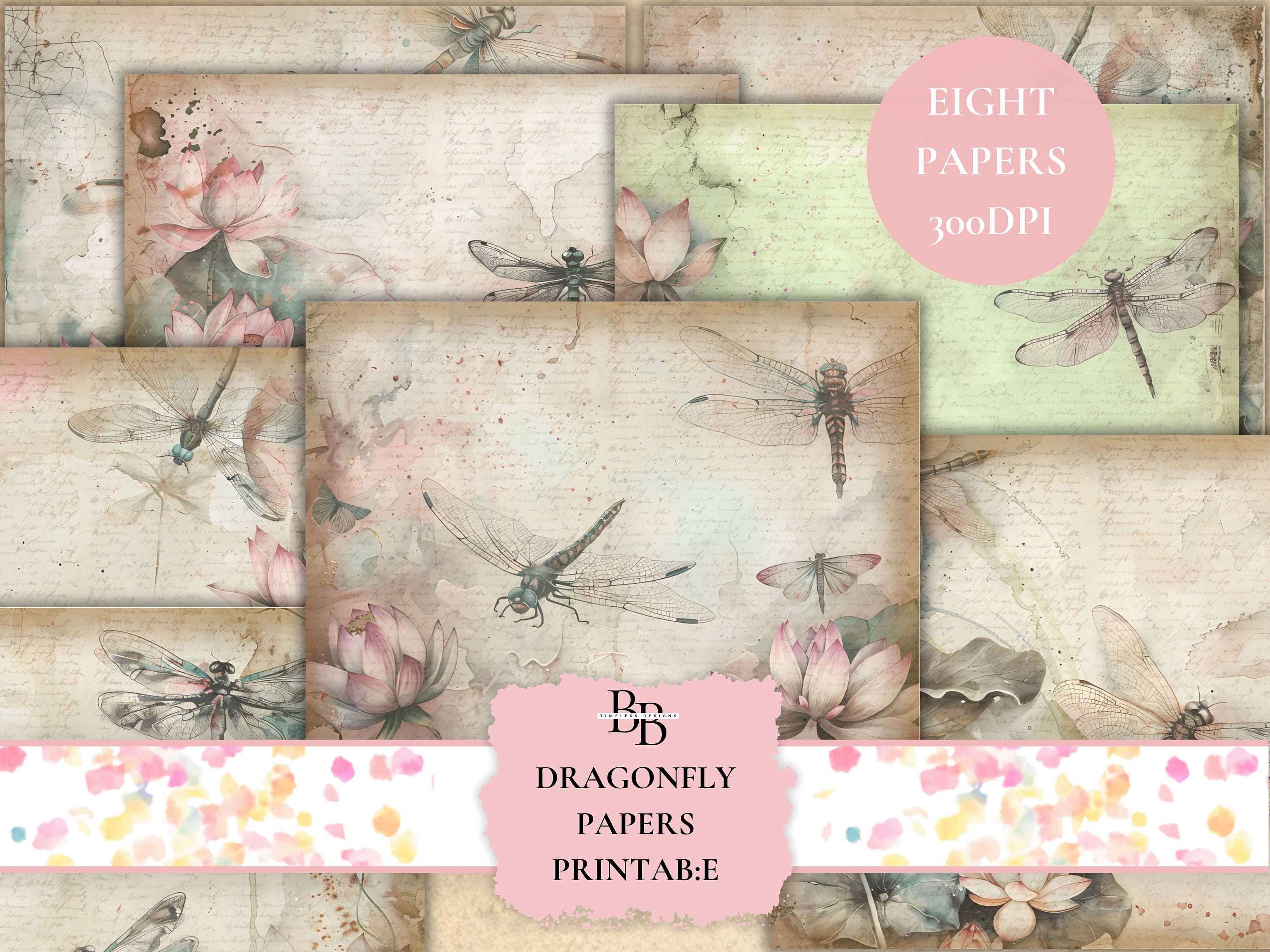 Dragonfly and Lotus Papers Printable, Dragonflies Digi Kit, Dragonfly ...