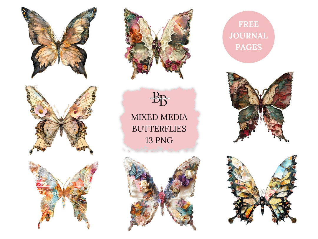 Colourful Butterflies Clipart, Mixed Media Butterflies PNG, Printable ...