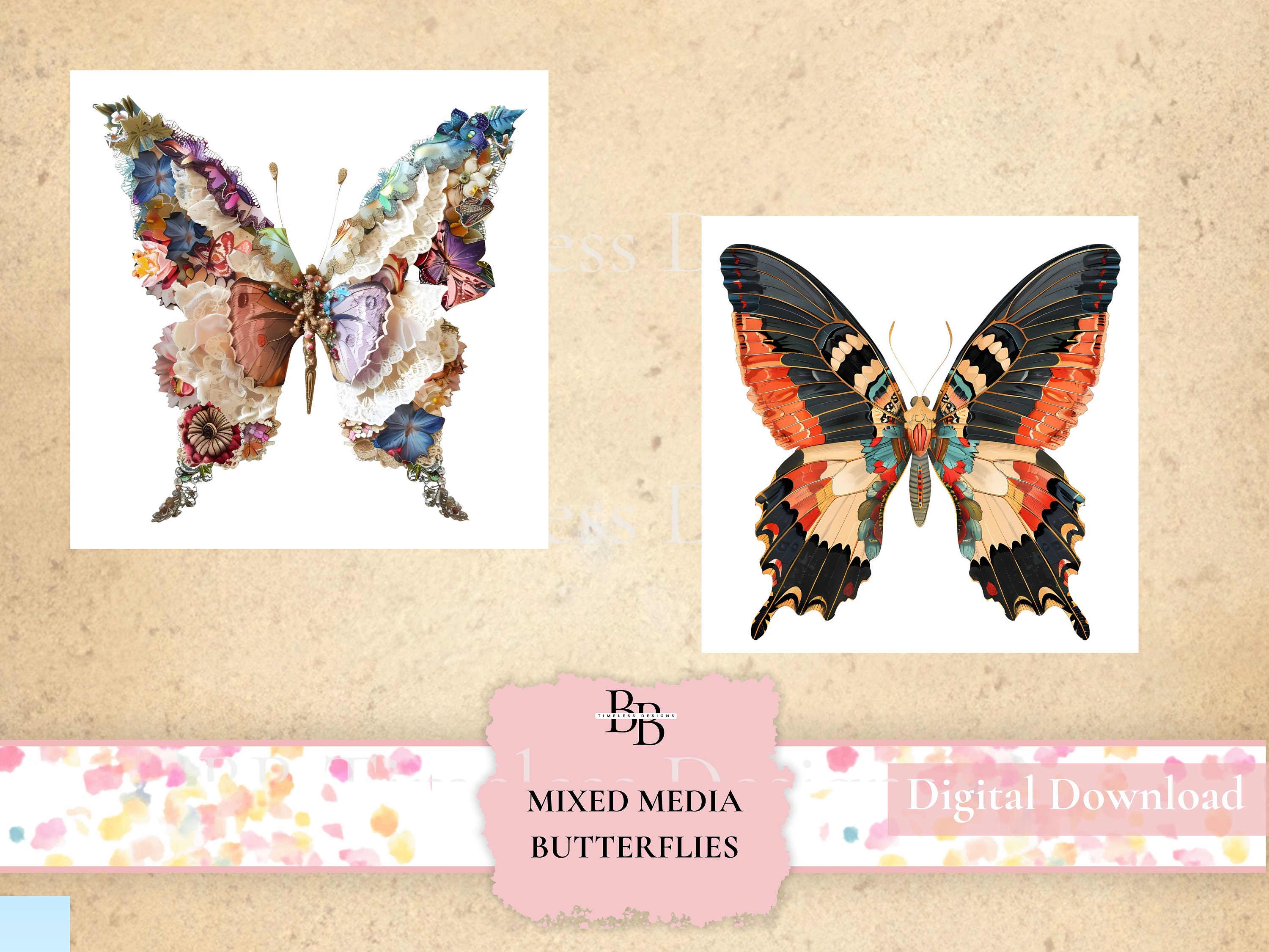 Colourful Butterflies Clipart, Mixed Media Butterflies PNG, Printable ...