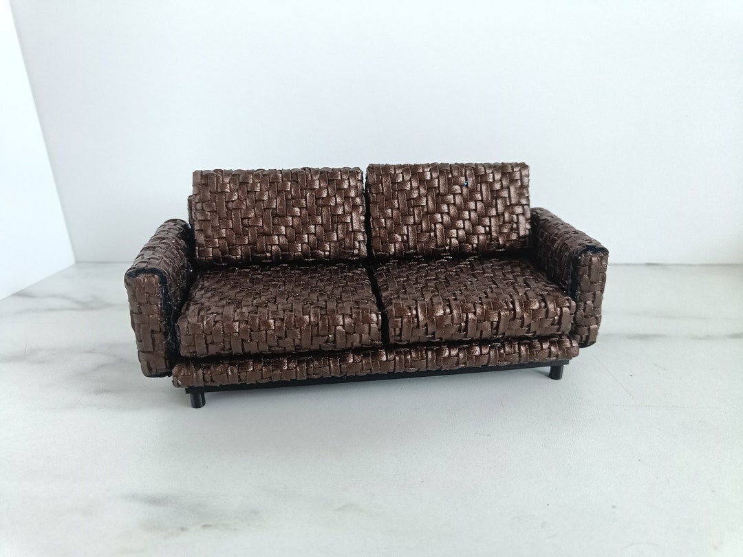 Modern Dollhouse Sofa - Miniature Brown Woven Faux Leather Sofa Set ...