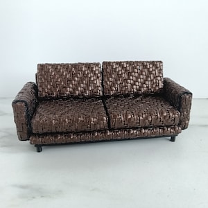 Modern Dollhouse Sofa - Miniature Brown Woven Faux Leather Sofa ...
