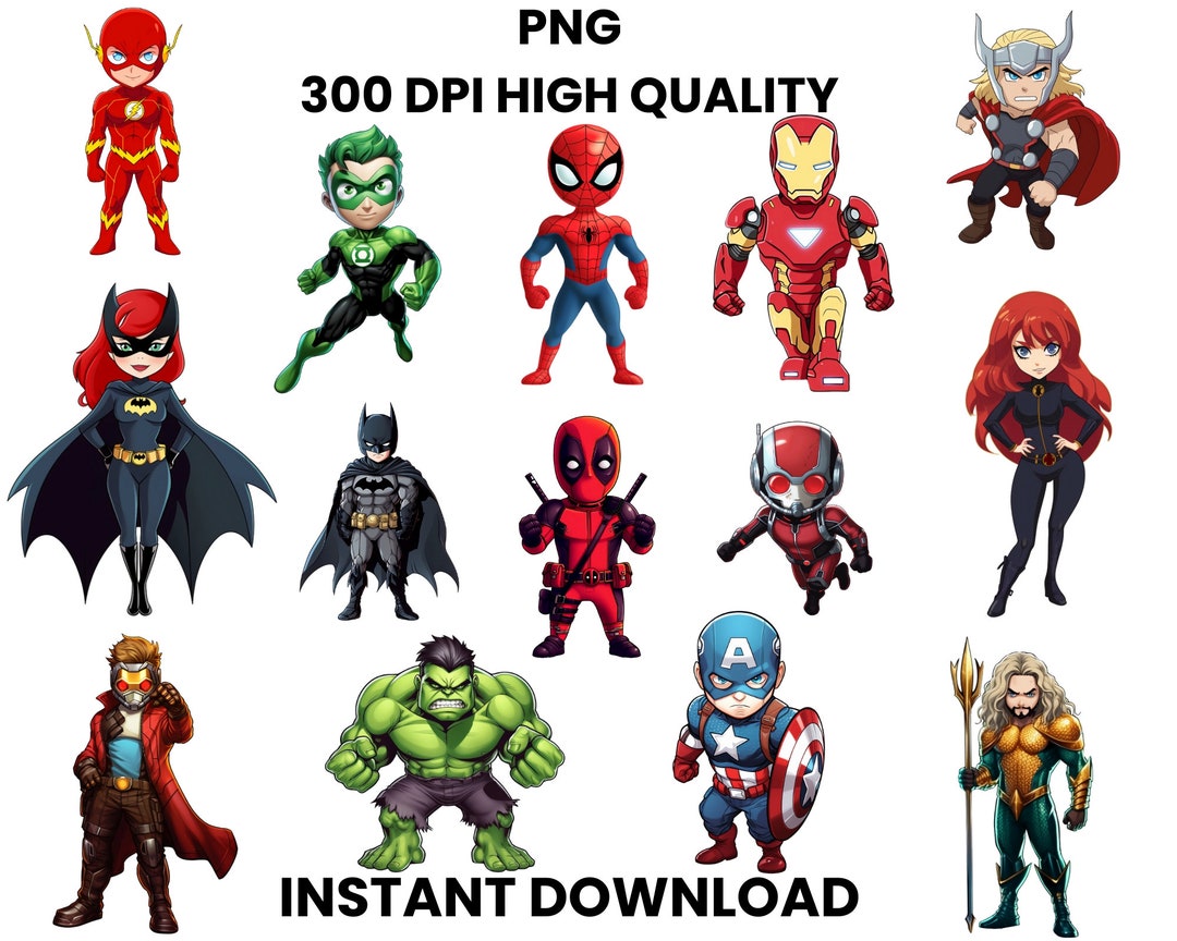 Superhero Clipart Bundle, Cartoon Superhero Pngs, Avengers, DC Comics ...