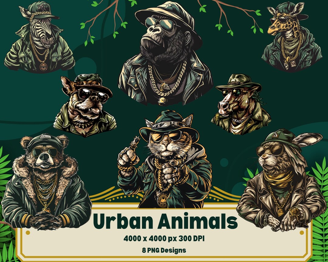 Urban Animals PNG Clip Art Bundle Stylish Animal Graphics, Trendy ...