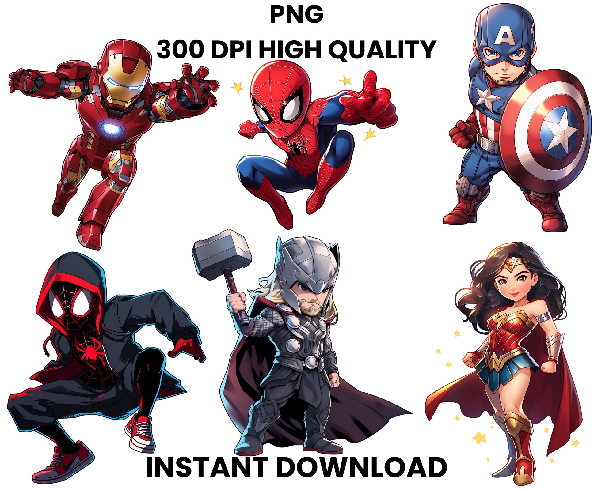 Cute Superheroes PNG Bundle, Superhero Set, Superhero Clipart Set ...
