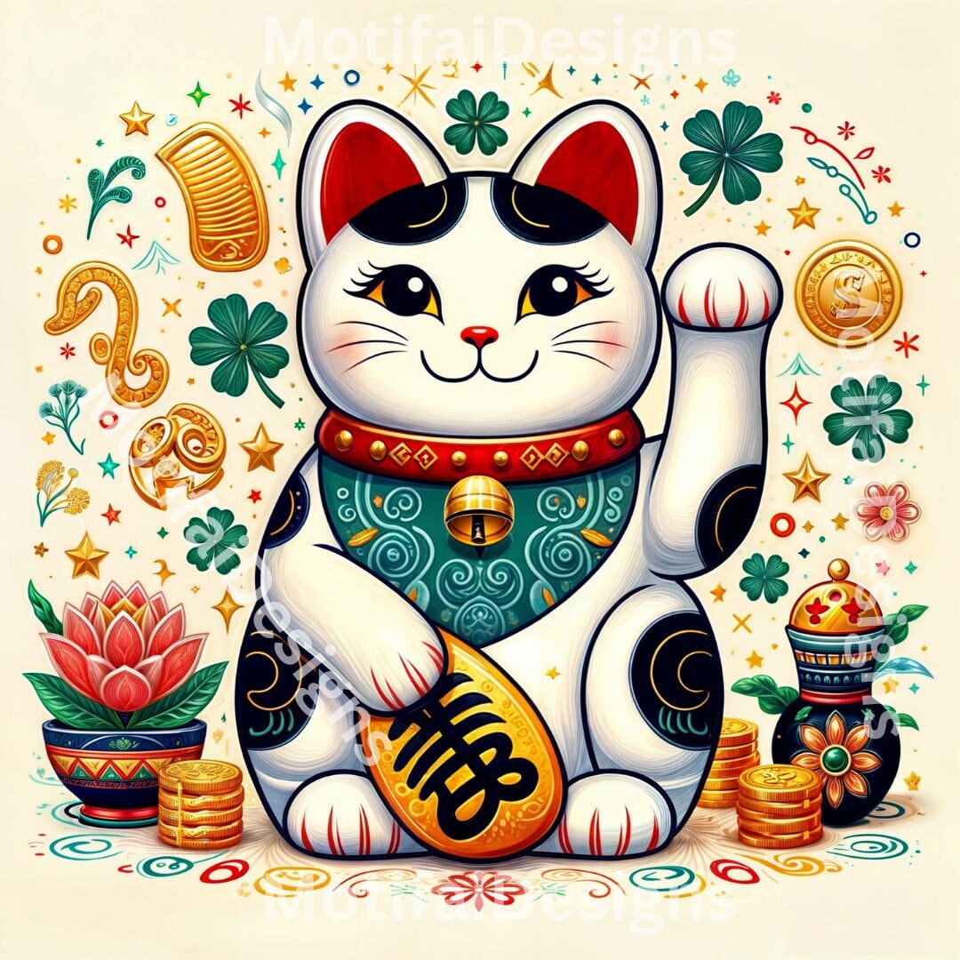 Prosperity Guardian Modern Lucky Cat Illustration Maneki Neko - Etsy