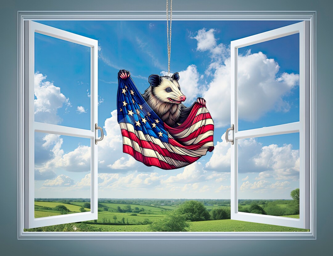 Opossum With USA Flag ACRYLIC Window Hanging, Possum Patriotic, Funny ...