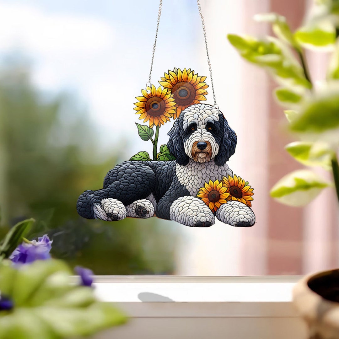 Sheepadoodle With Flower ACRYLIC Window Hanging, Dog Lover Gift ...