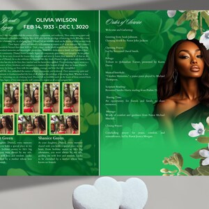 Green Obituary Program: Elegant Funeral Template, Woman's Keepsake ...