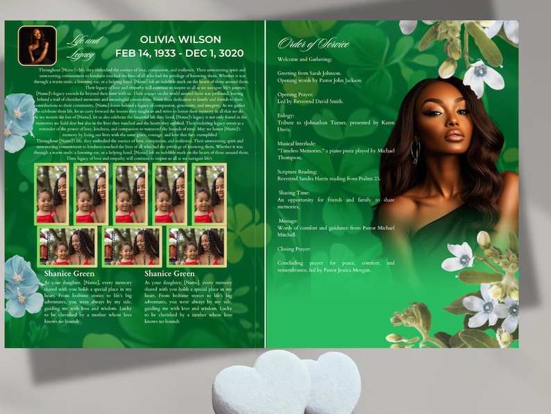 Green Obituary Program: Elegant Funeral Template, Woman's Keepsake ...