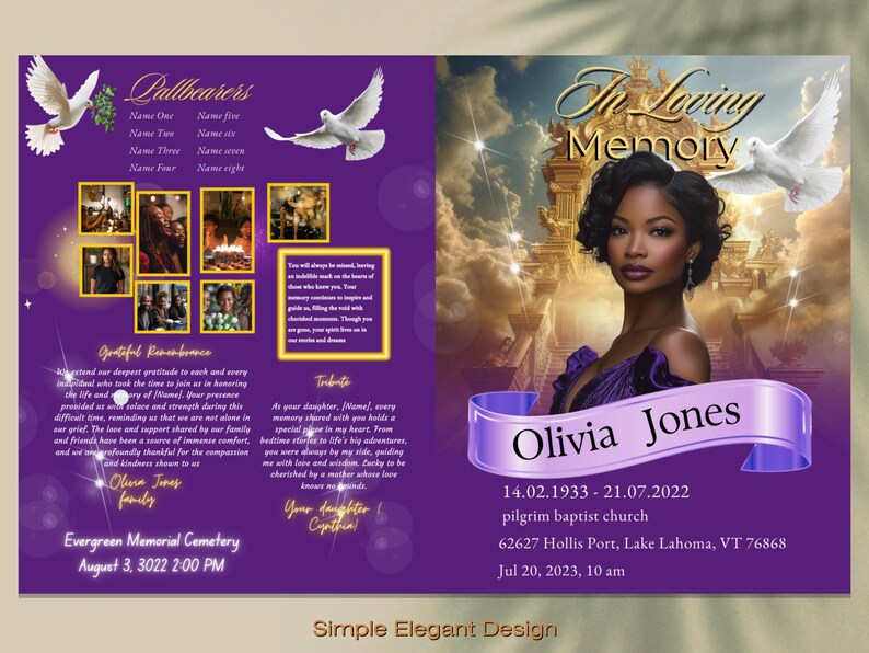 Purple Heaven Funeral Program Template: Bi-fold Obituary, Memorial ...