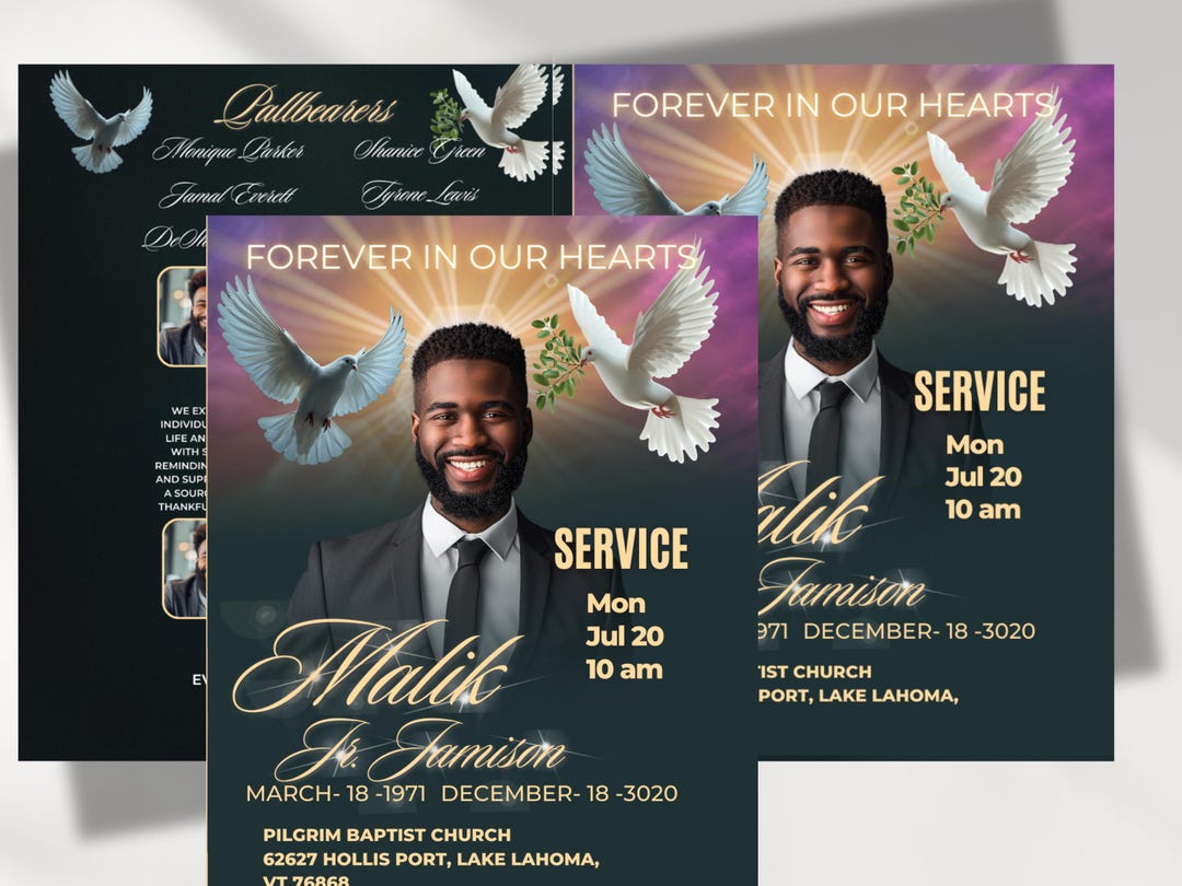 Green & Gold Funeral Program Template | Men's Obituary, Celebration of ...