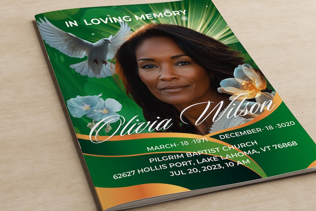 Green Obituary Program: Elegant Funeral Template, Woman's Keepsake ...