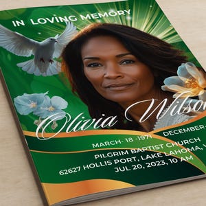 Green Obituary Program: Elegant Funeral Template, Woman's Keepsake ...