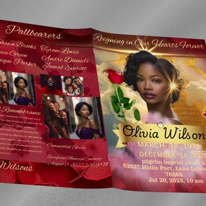 Red Obituary Template Woman: Memorial Program, Celebration of Life ...