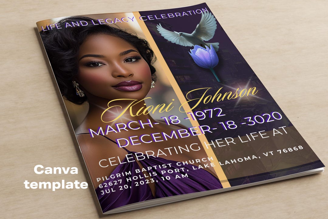 Elegant Funeral Program Template: Black, Gold, and Purple (canva ...