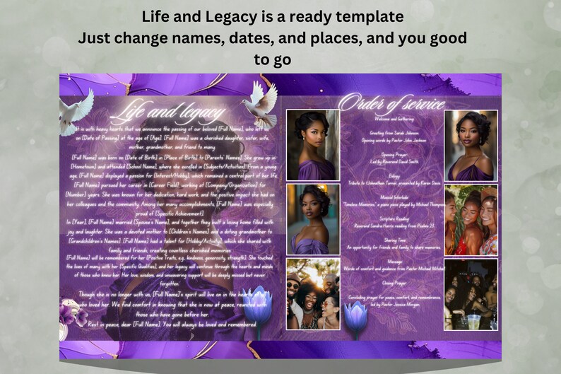 Purple Funeral Program Template: Celebration of Life Keepsake (digital ...