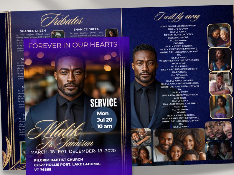 Blue & Gold Funeral Program Template: Men's Obituary, Celebration of ...