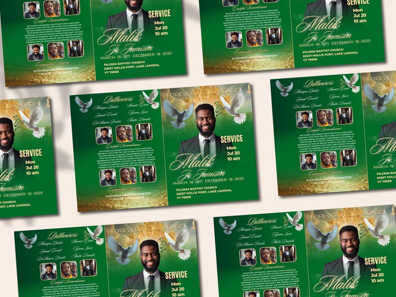 Green & Gold Funeral Program Template: Elegant Obituary (canva Editable ...