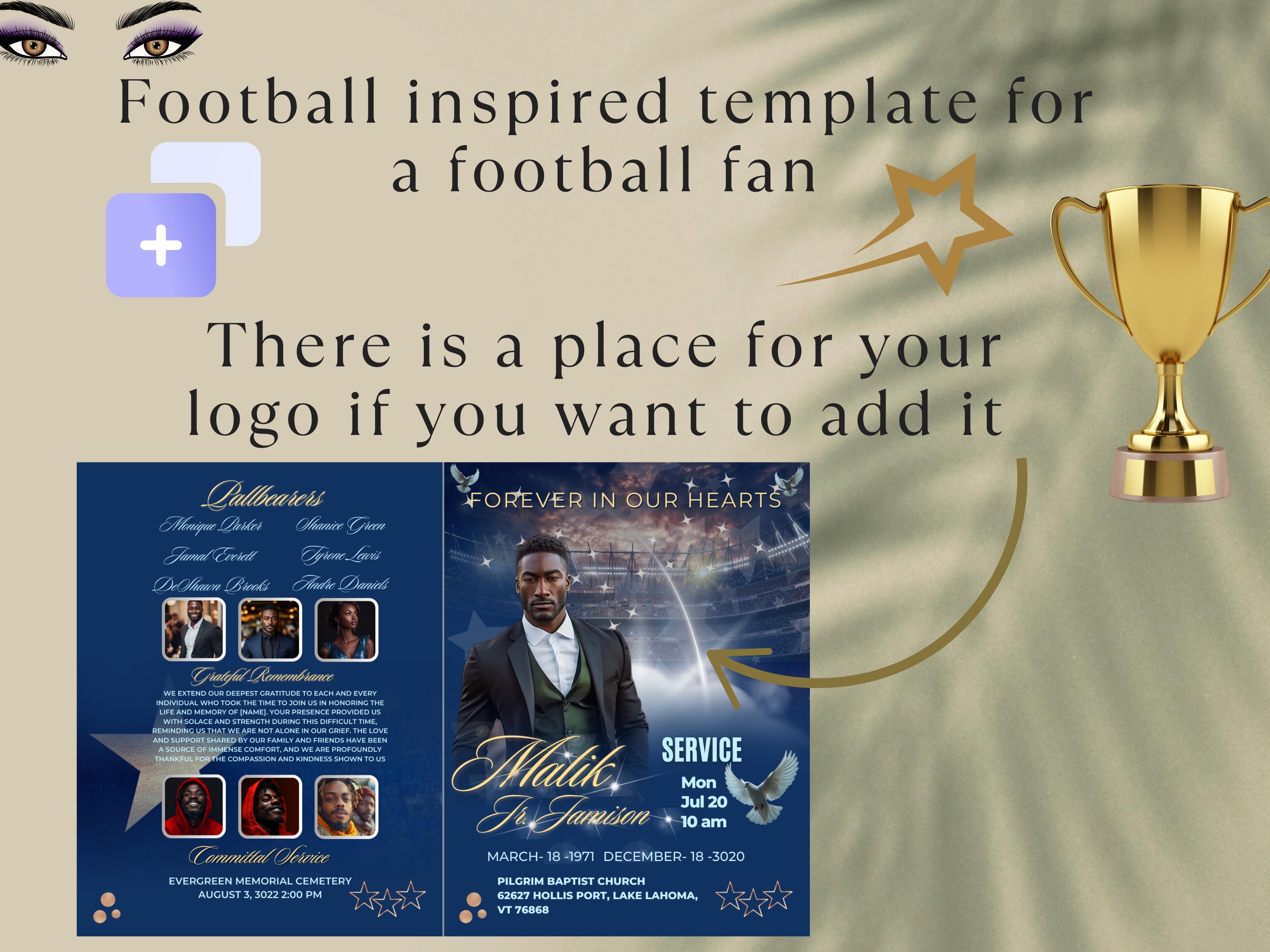 Blue & Gold Football Funeral Program Template (canva, 8 Pages) - Etsy