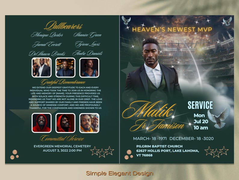 Football Memorial Program: Green & Gold Celebration of Life (canva ...