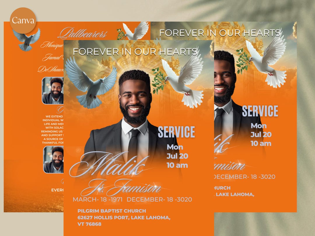 Orange & Silver Funeral Program Template: Elegant Obituary (canva ...