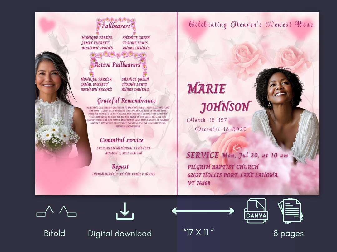 Soft Pink Floral Funeral Program Template: Celebration of Life (canva ...