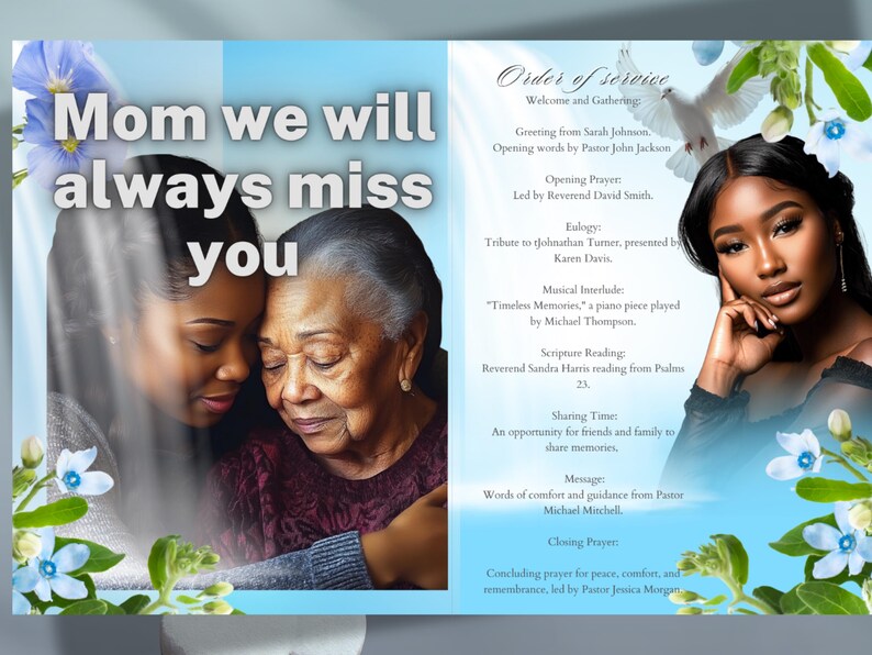Blue Heaven Funeral Program: 8-page Bi-fold Obituary (canva Digital ...