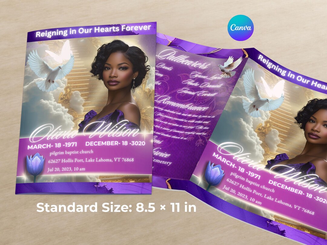Purple Heaven Funeral Program Template Editable Obituary Program Canva ...