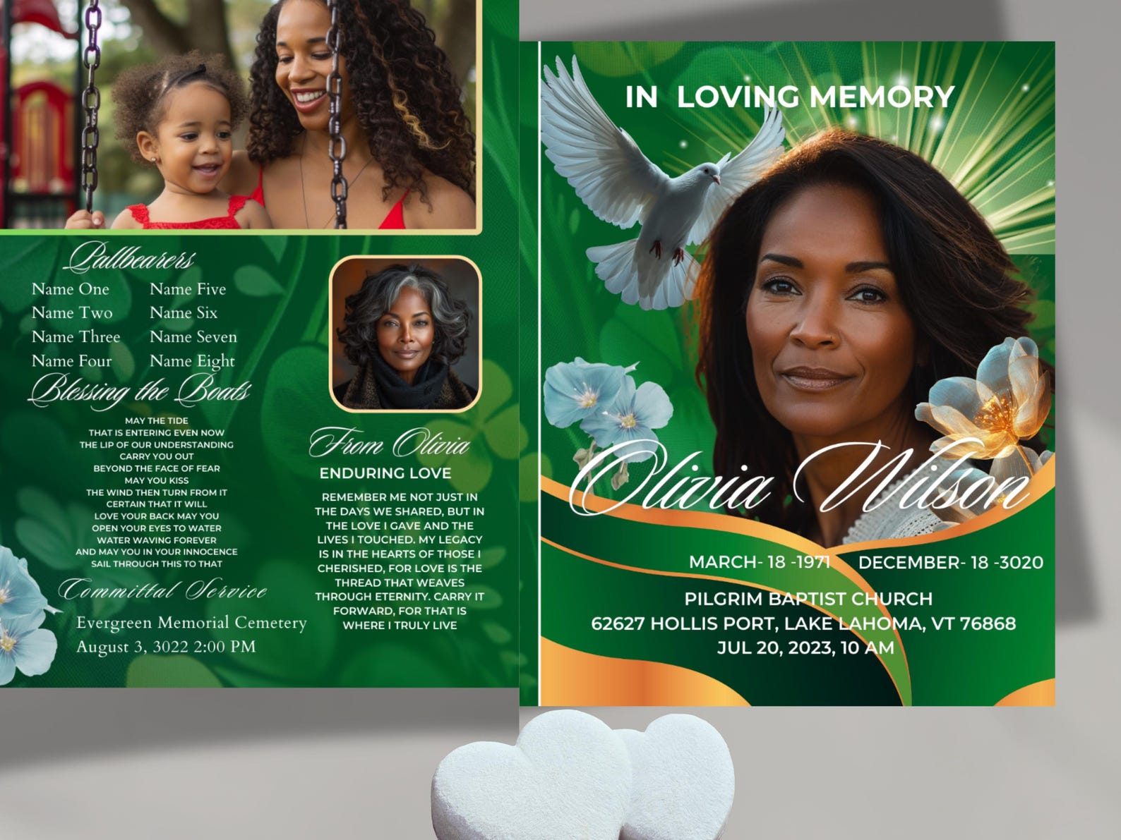 Green Obituary Program: Elegant Funeral Template, Woman's Keepsake ...