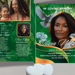 Green Obituary Program: Elegant Funeral Template, Woman's Keepsake ...