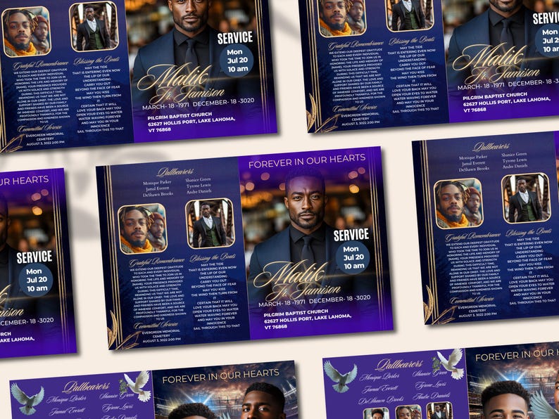 Blue & Gold Funeral Program Template: Men's Obituary, Celebration of ...