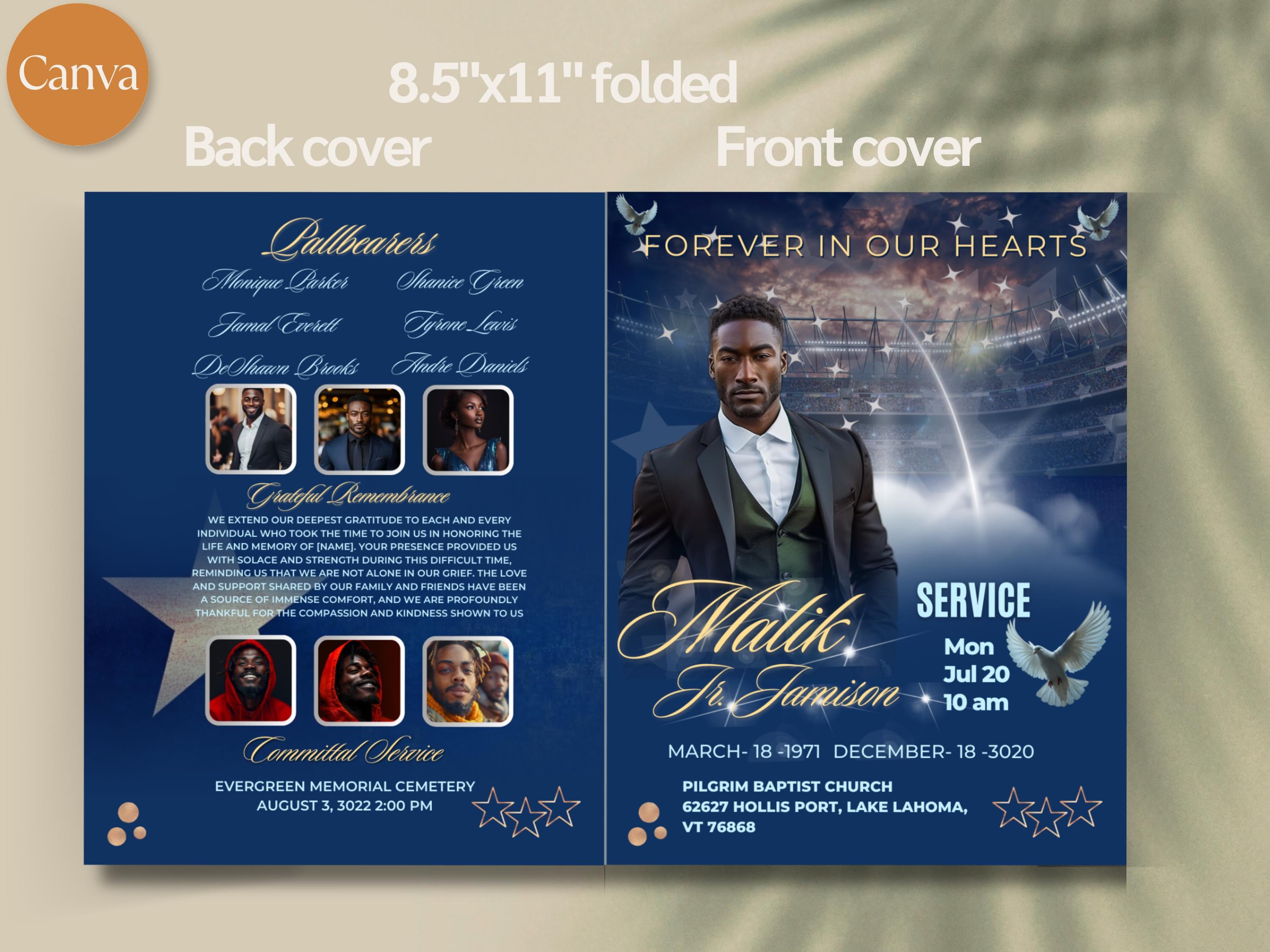 Blue & Gold Football Funeral Program Template (canva, 8 Pages) - Etsy