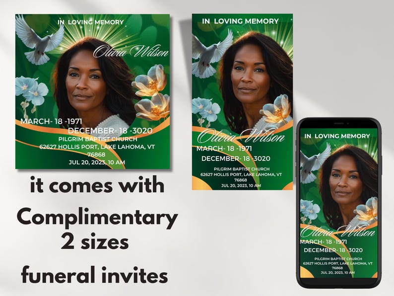 Green Obituary Program: Elegant Funeral Template, Woman's Keepsake ...
