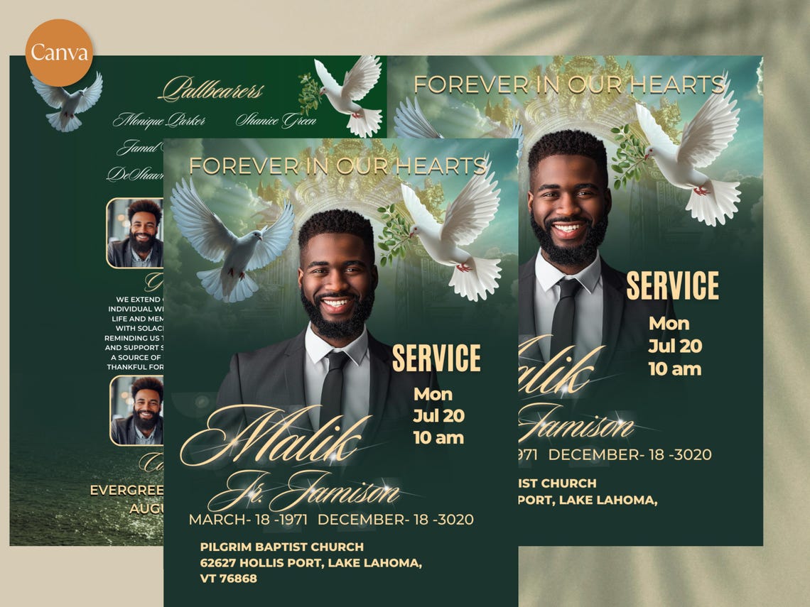 Emerald Green Funeral Program: Elegant Memorial Service (editable Canva ...