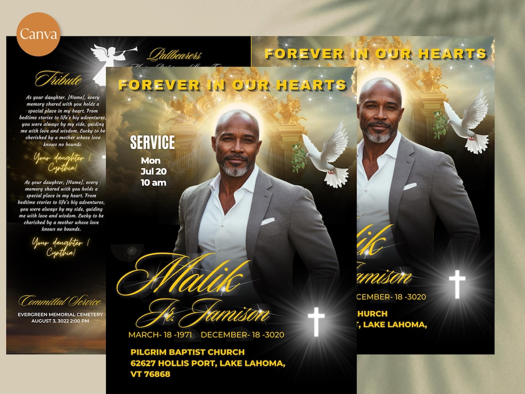 Black & Gold Obituary Template: 4-page Funeral Program (8.5x11) - Etsy