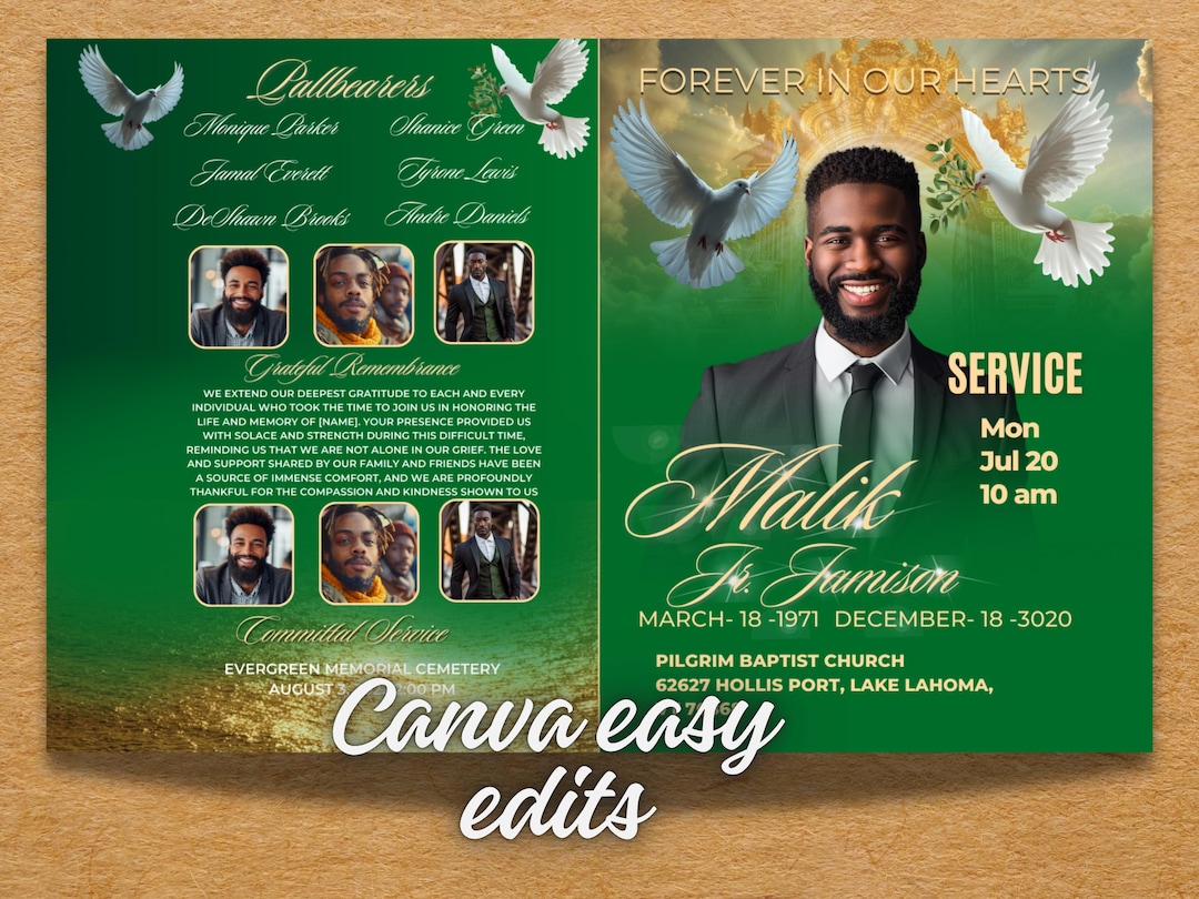 Green & Gold Funeral Program Template: Elegant Memorial (canva Editable ...